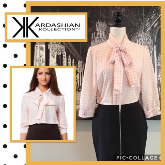 Kardashian Kollection | Tops | Kardashian Pink Houndstooth Blouse Wpussy Bow | Poshmark